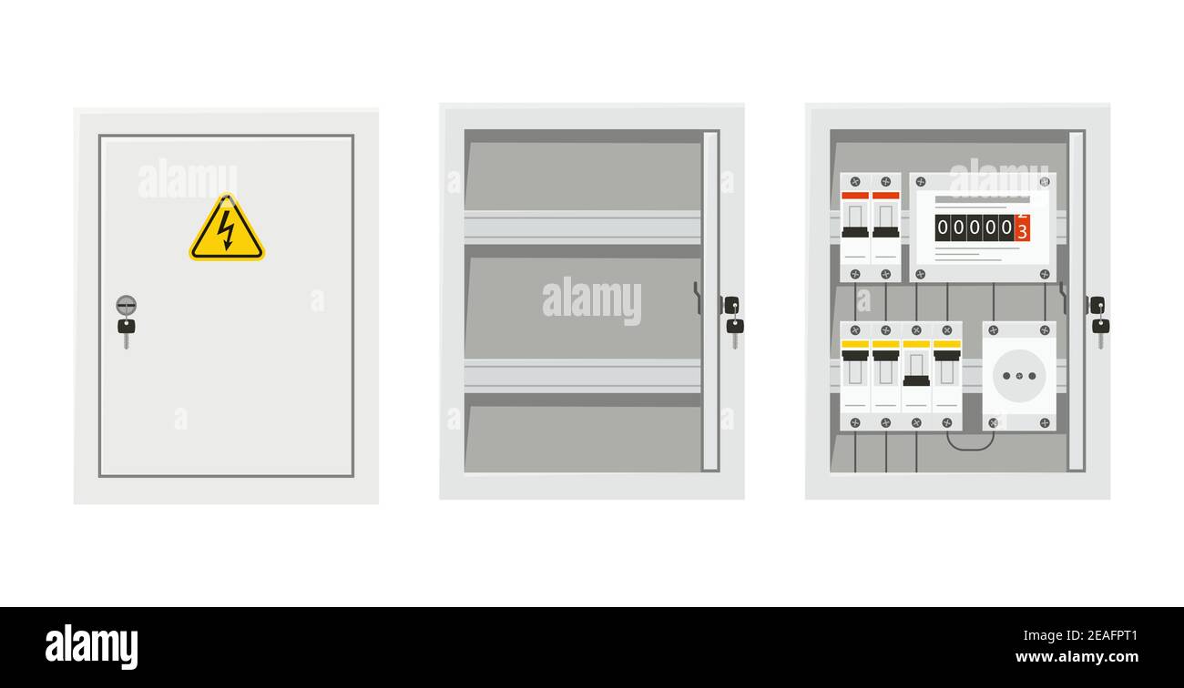 Electrical power switch panel with open and close door. Fuse box ...