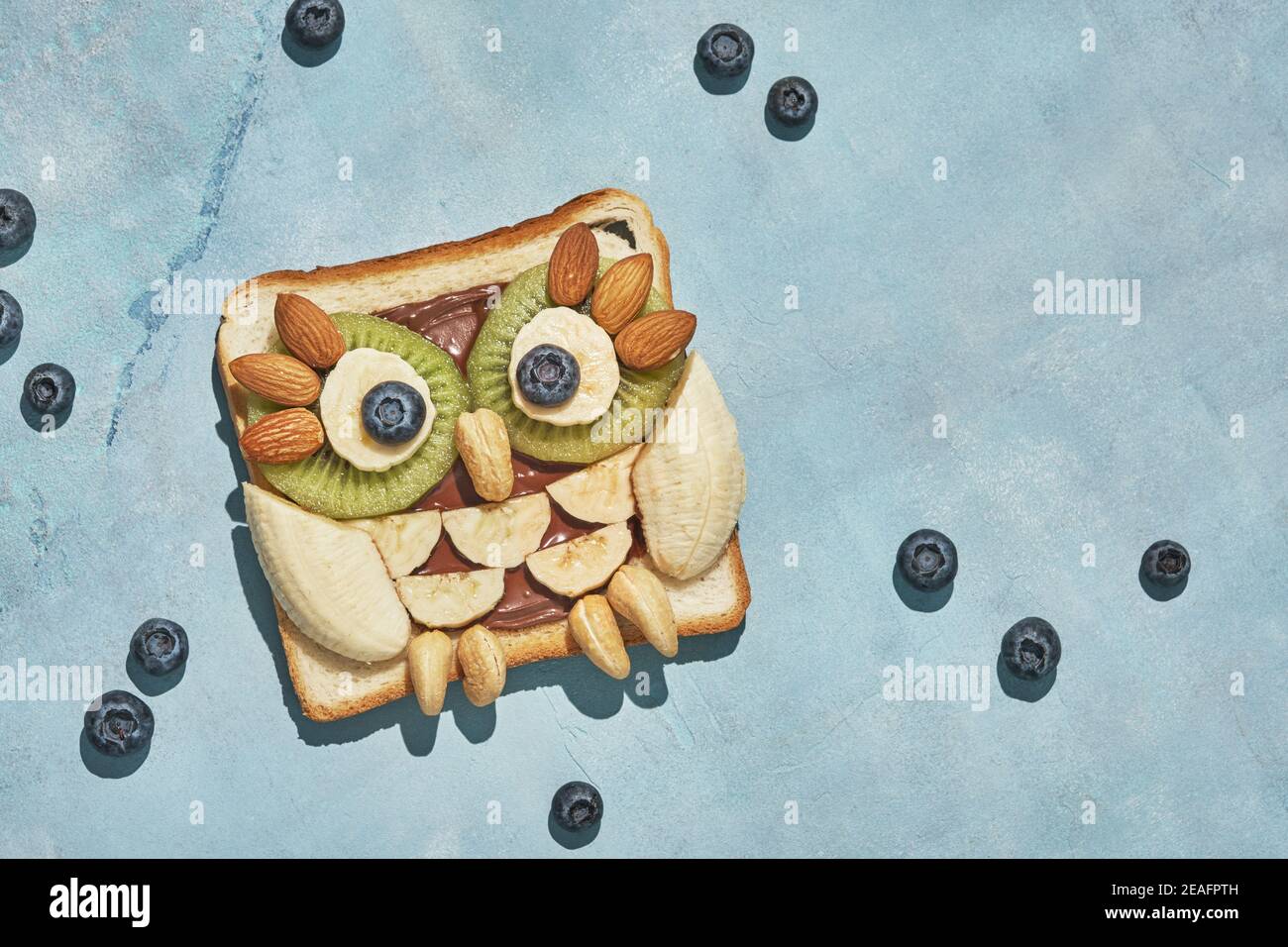 Owl toast with chocolate nut butter and fruits for a kids Stock Photo ...