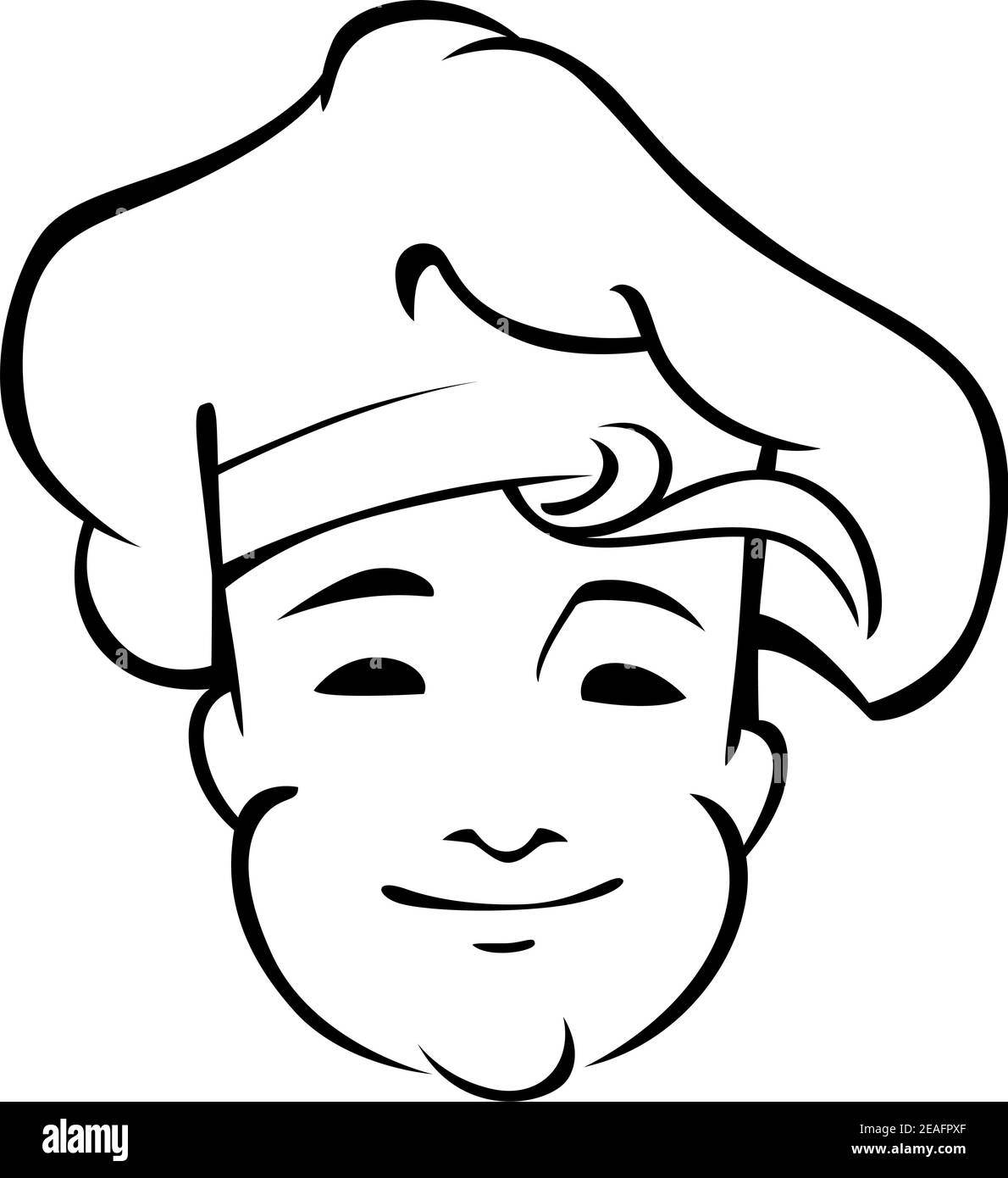 Cheerful country chef with a floppy toque and friendly smile, black and ...