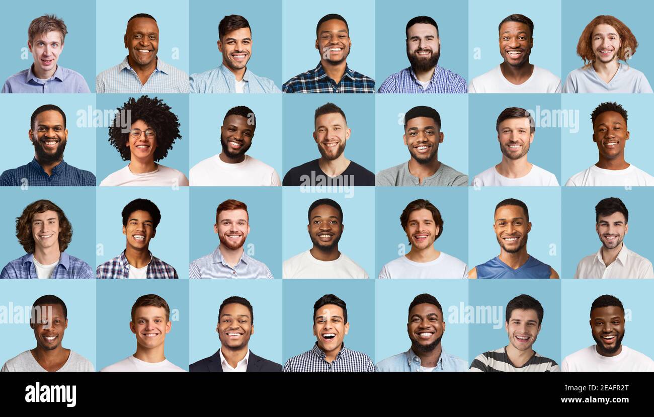 Portraits of multiracial men over blue, collage Stock Photo - Alamy