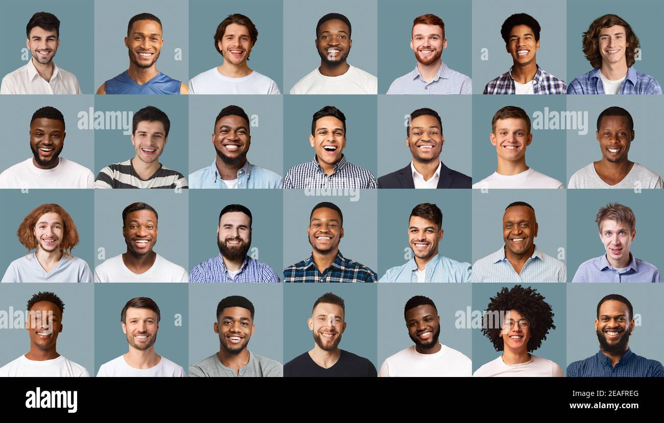 Collage of happy multiracial men smiling on studio backgrounds Stock ...