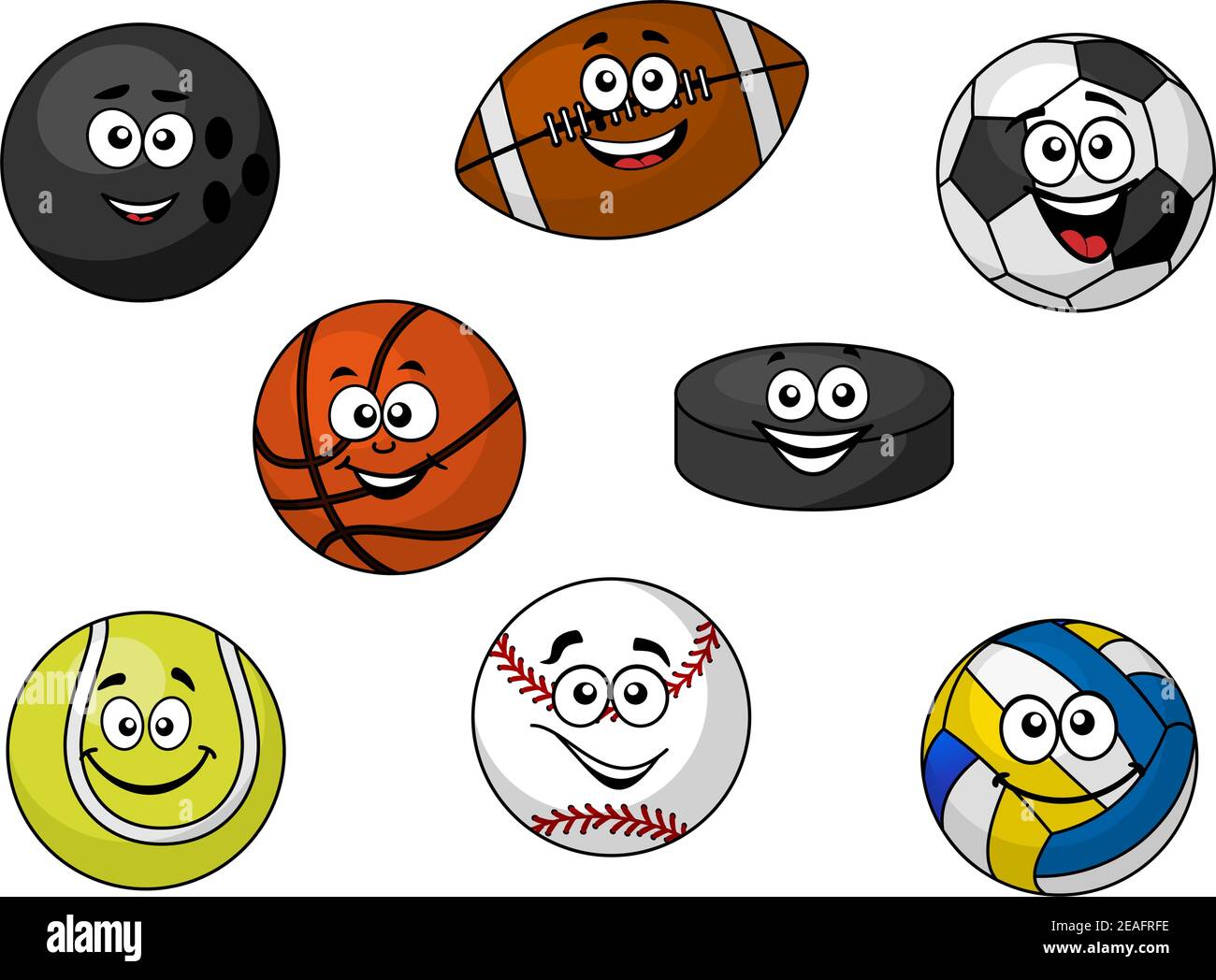 Cartoon illustration of a set of happy sporting balls and equipment ...