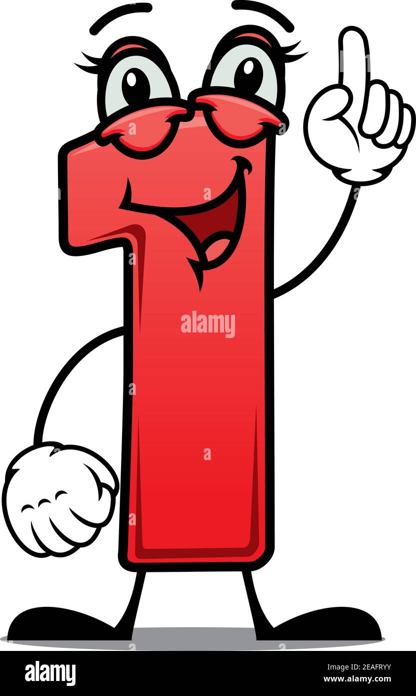 Cute number 1 character with a happy smiling face pointing in the air ...