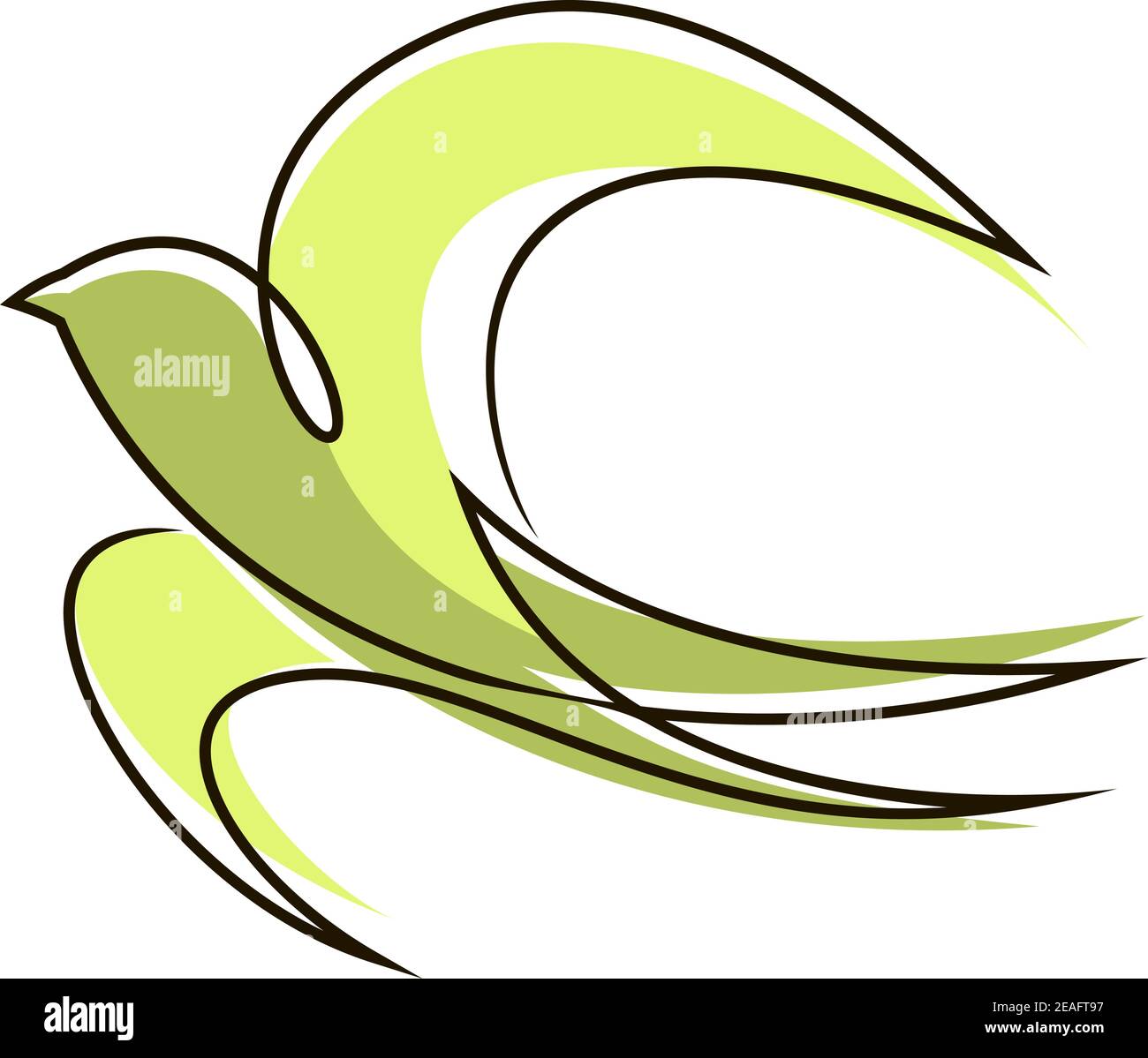 Stylized flying bird with outspread wings and tail in a flowing outline ...