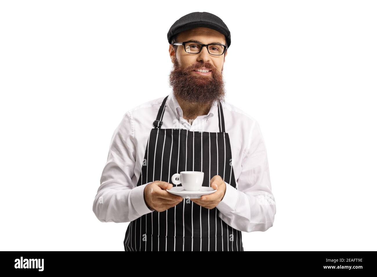 Bearded barista with an apron and an espresso coffee isolated on white ...