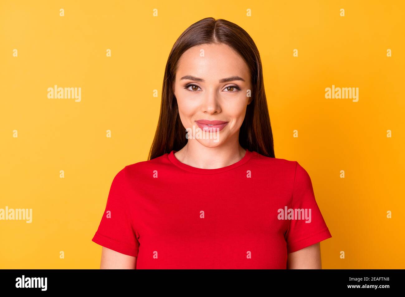 Headshot photo of attractive lady smiling wear casual red top standing ...