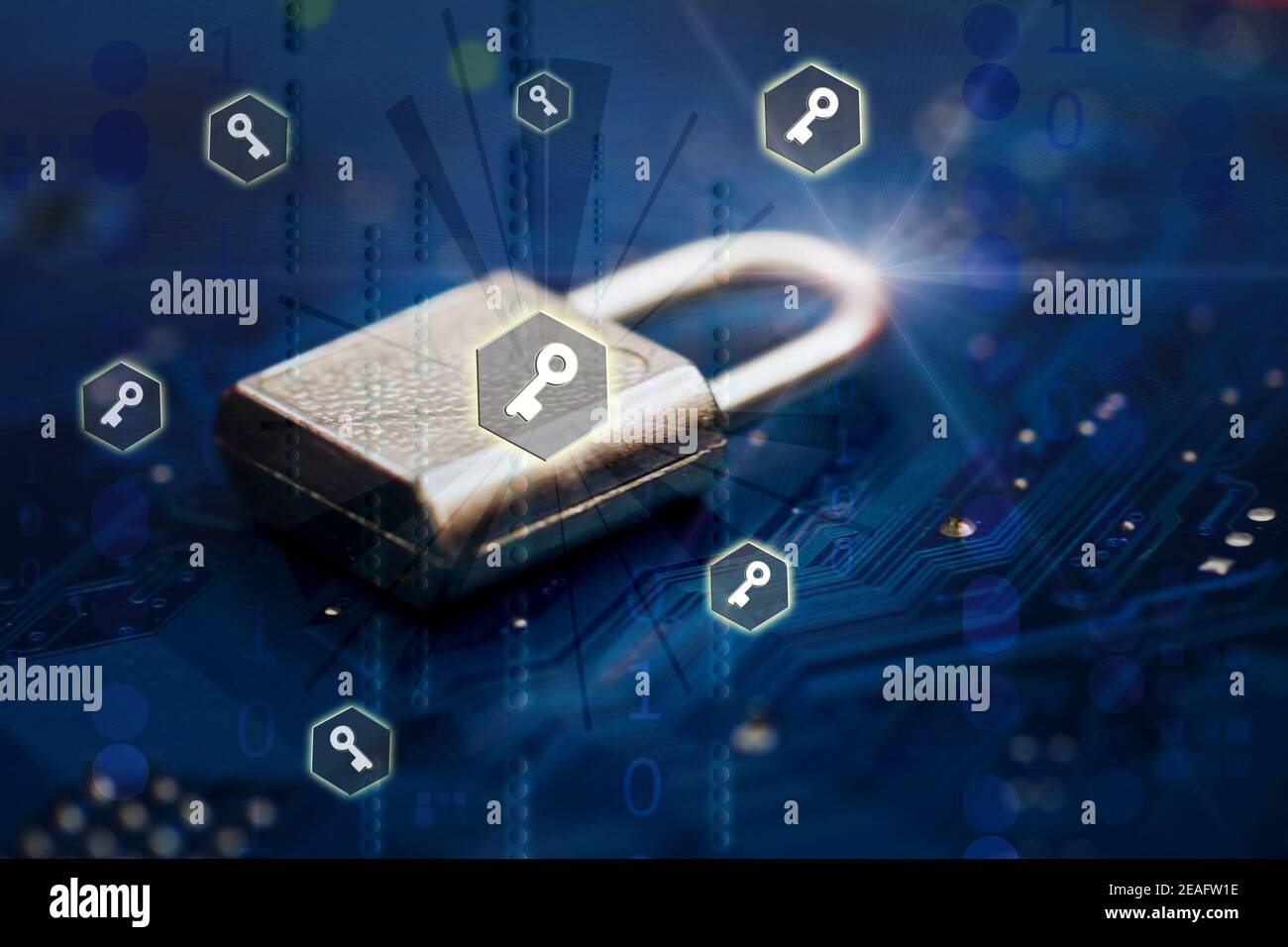 Closed security lock on digital technology background. Business, Cyber ...