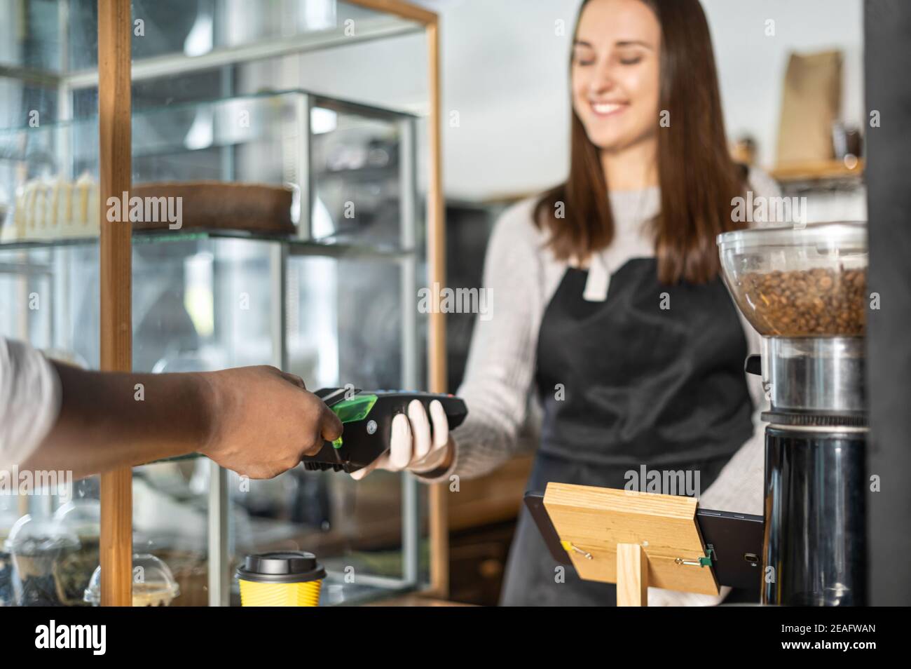 Smiling waitress giving pos payment terminal to african-american ...