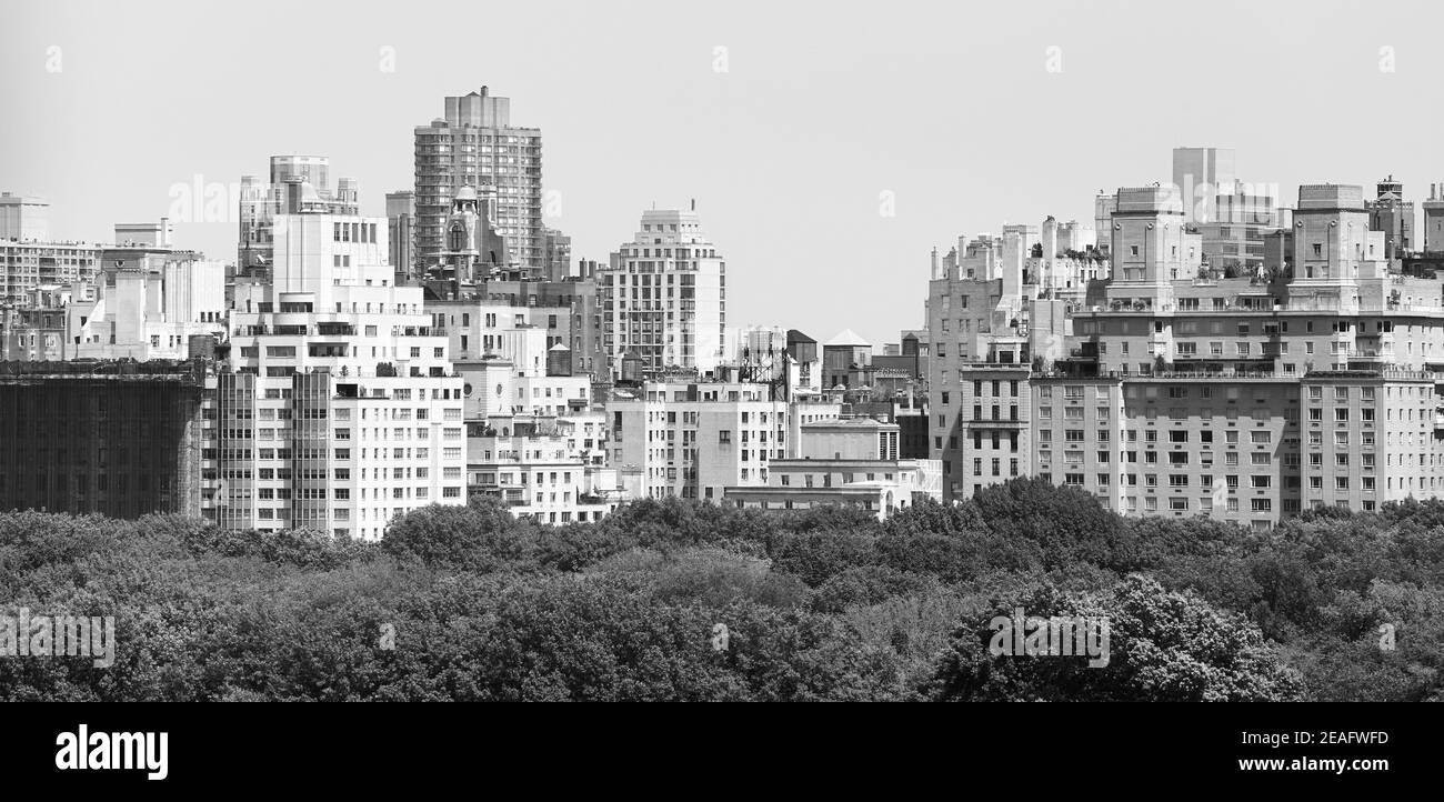 Black and white panoramic view of Manhattan Upper East Side diverse ...