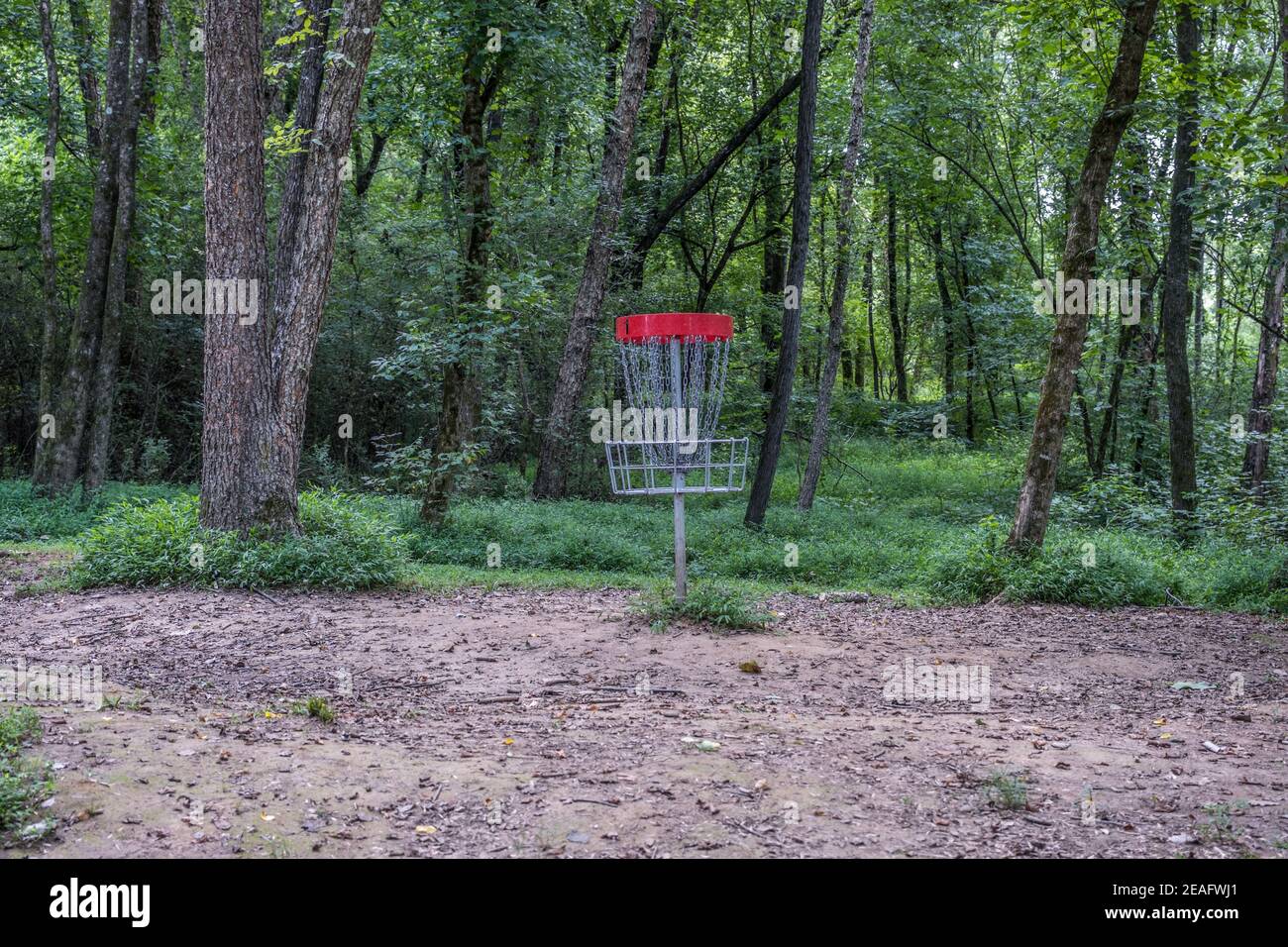 Red disc golf basket with chains in a rustic setting in the forest on a ...