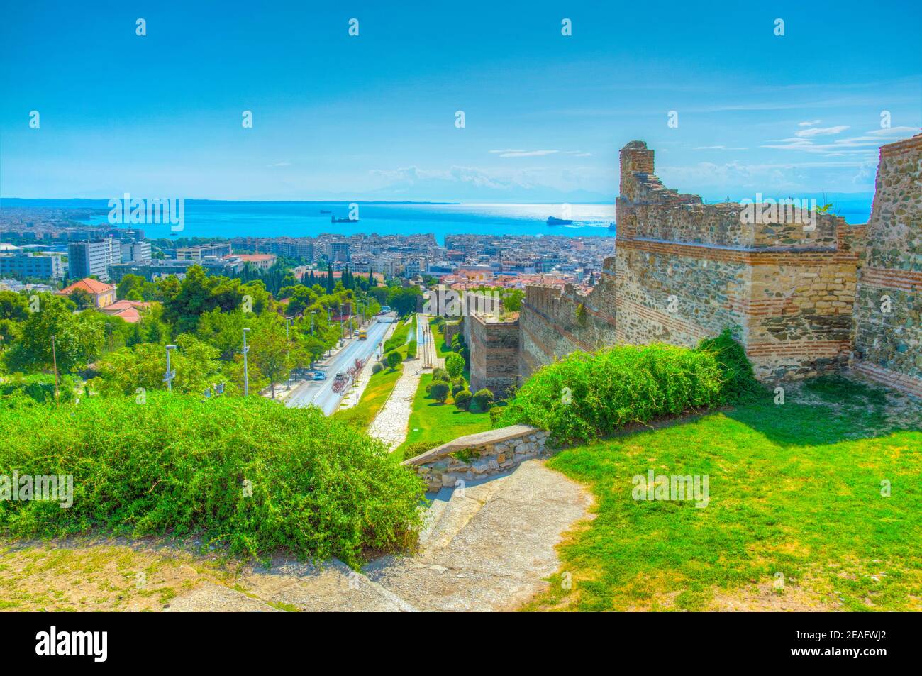 Aerial view of Thessaloniki alongisde an old fortification, Greece ...