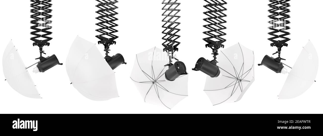 Photography studio flash on ceiling pantograph with umbrella isolated ...