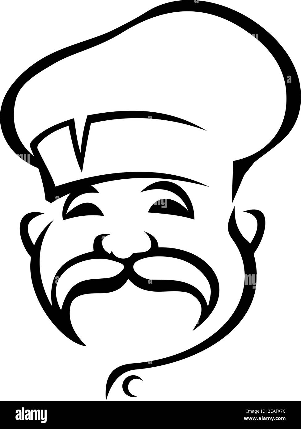 Black and white doodle sketch of the head of a happy chef with a droopy ...