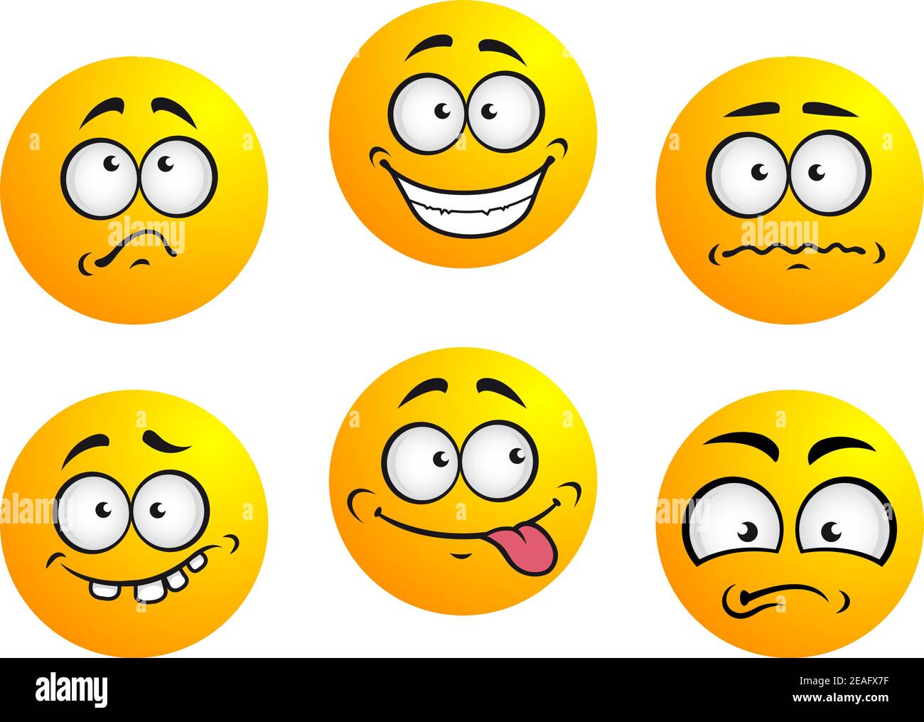 Set of six round yellow emoticons showing facial expression depicting ...