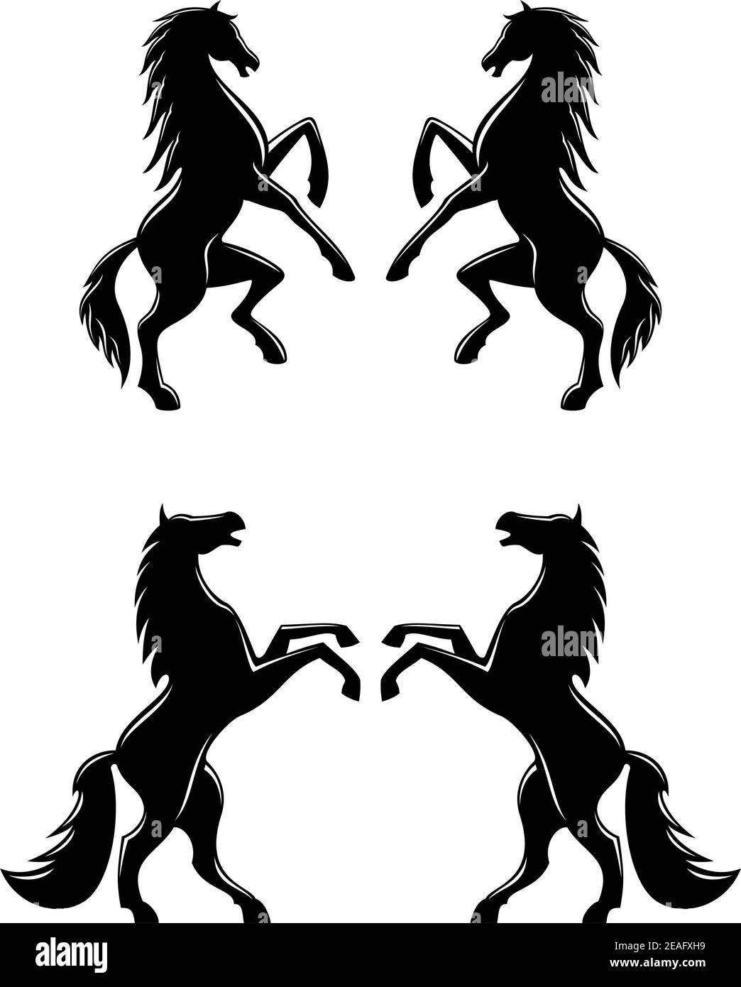 Silhouettes of two pairs of prancing rearing horses with flowing manes ...