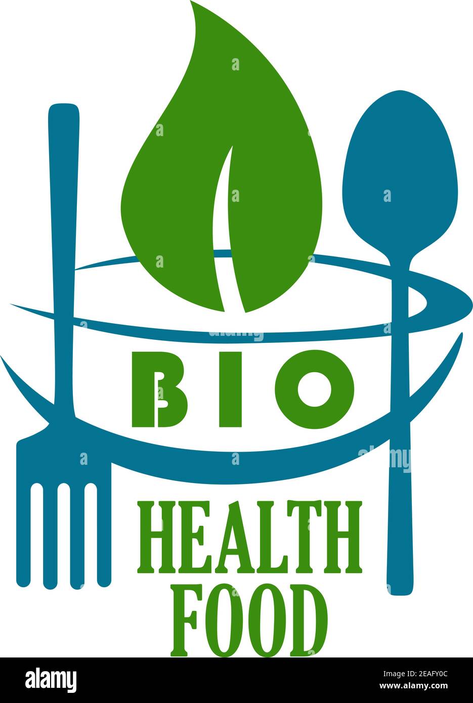 Vector illustration in blue and green of a bio health food icon with a ...