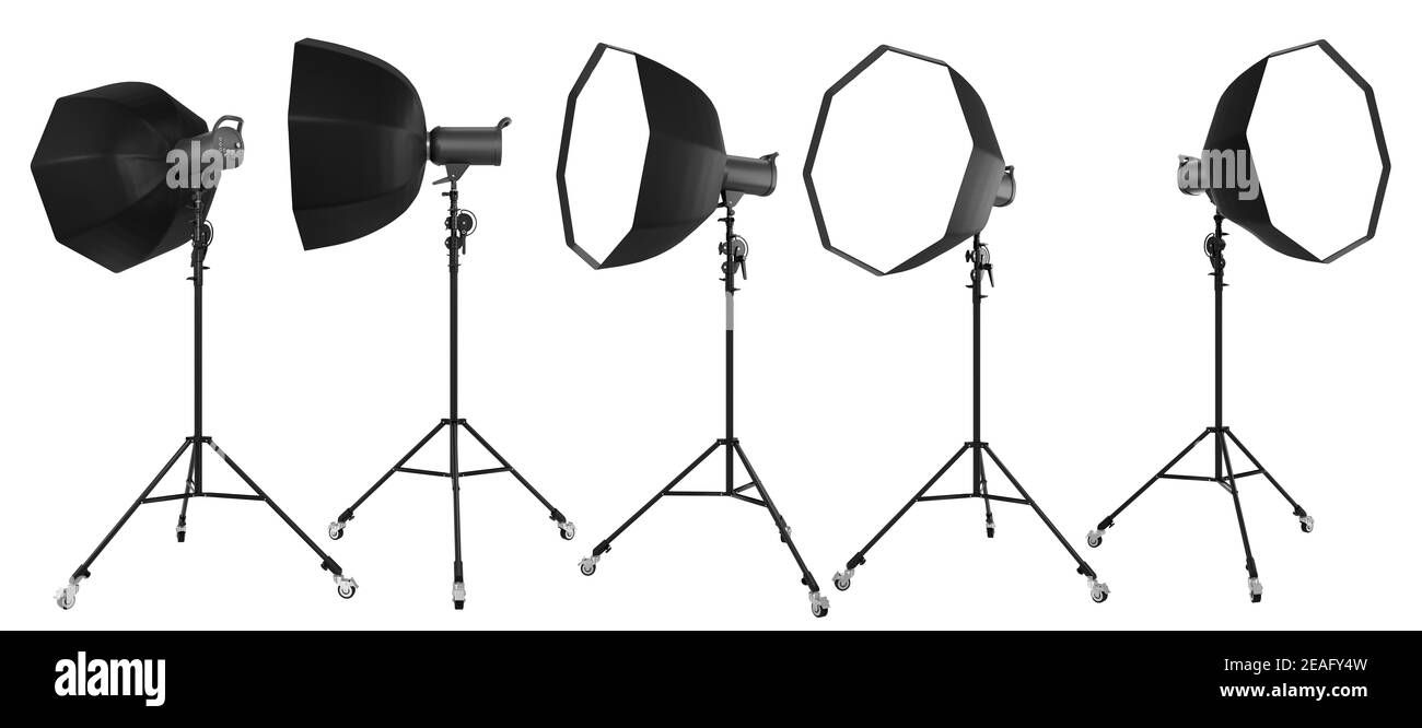 Photo studio lighting stands with flash and octobox isolated on the ...
