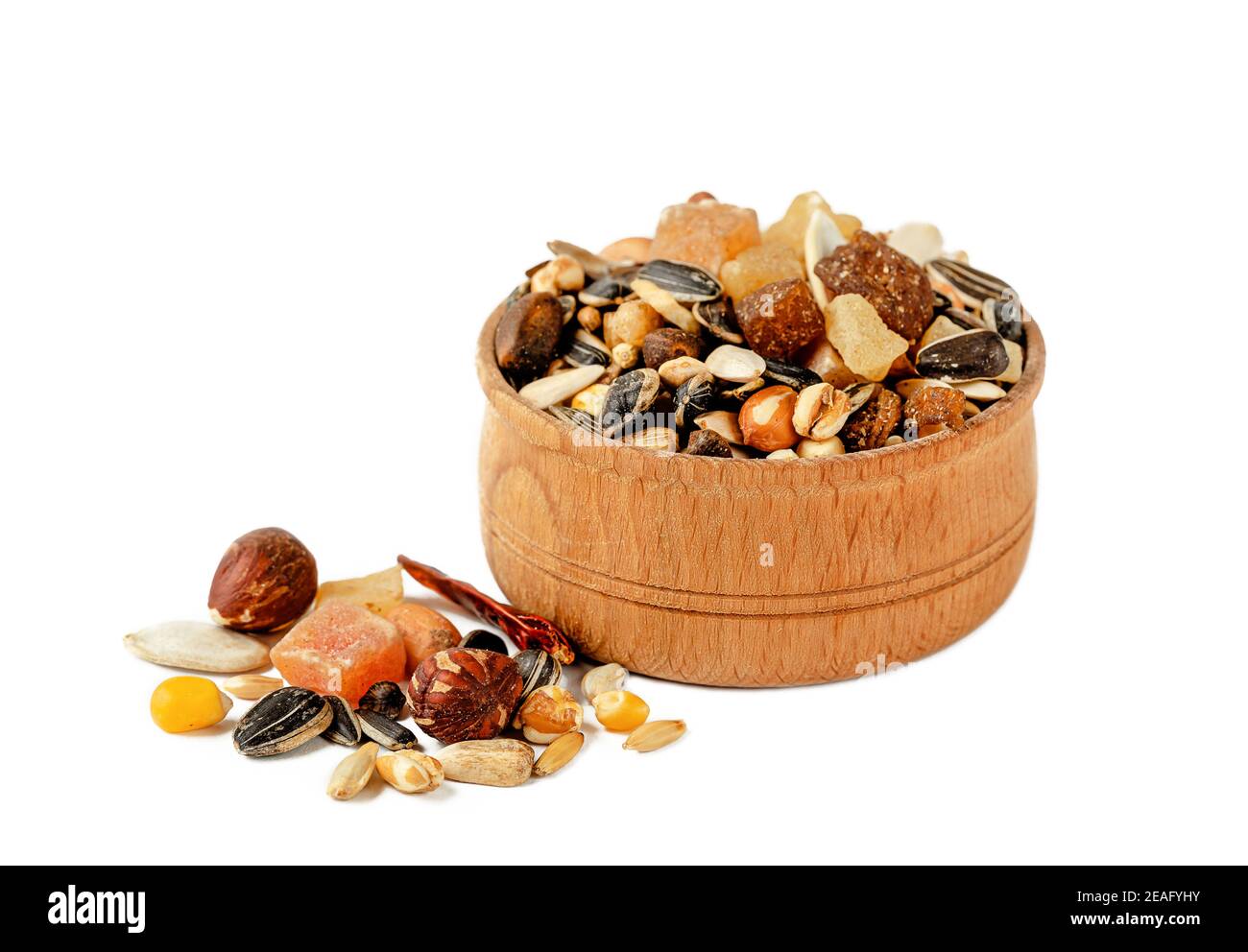 Parrot fodder of dried fruits, nuts and seed mix on white background ...