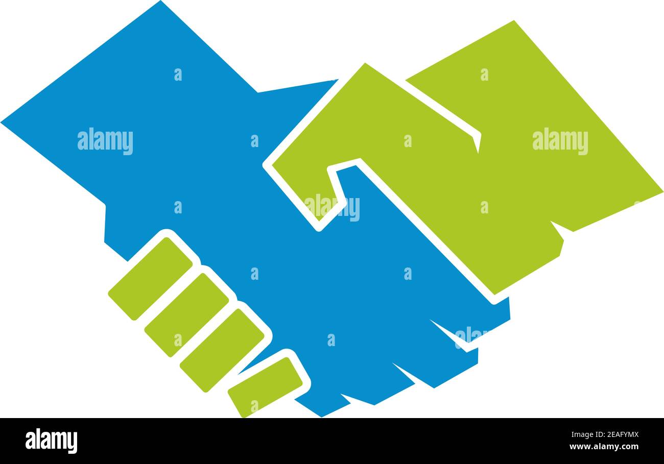 Abstract illustration of a handshake between one green hand and one ...