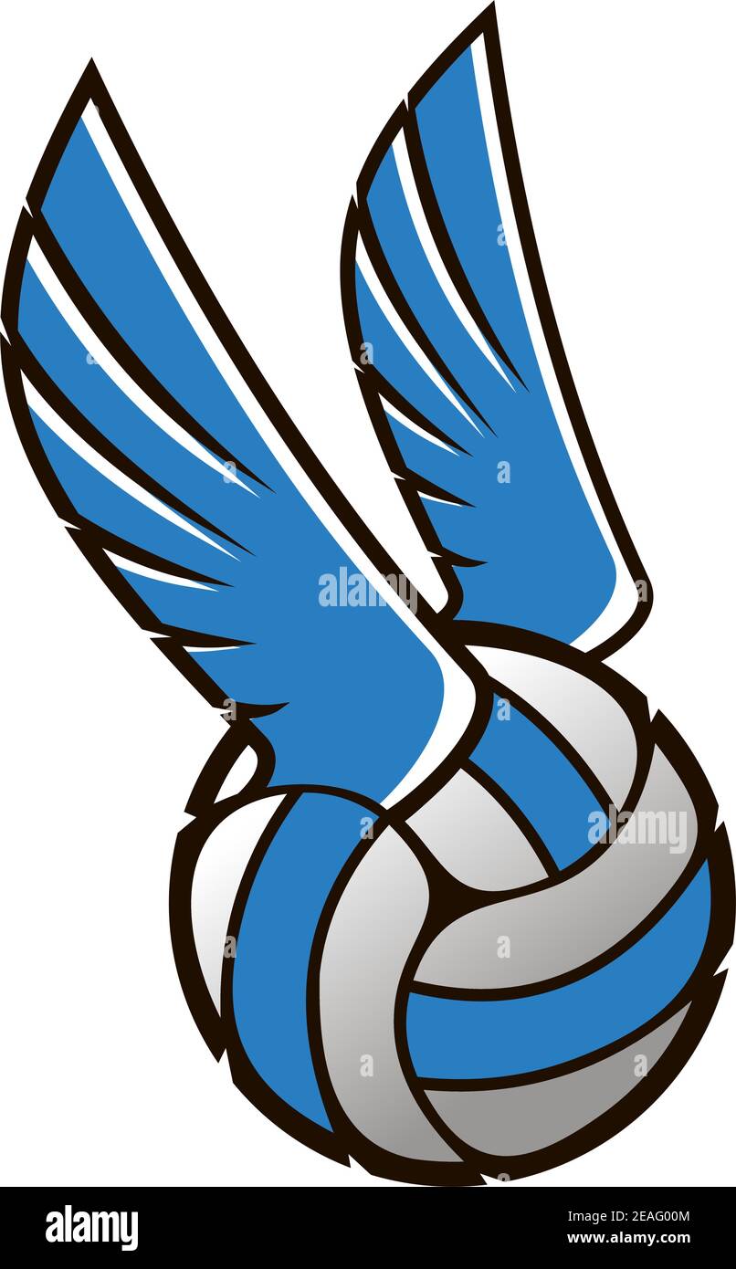 Vector cartoon illustration of a volleyball ball with wings in blue and ...