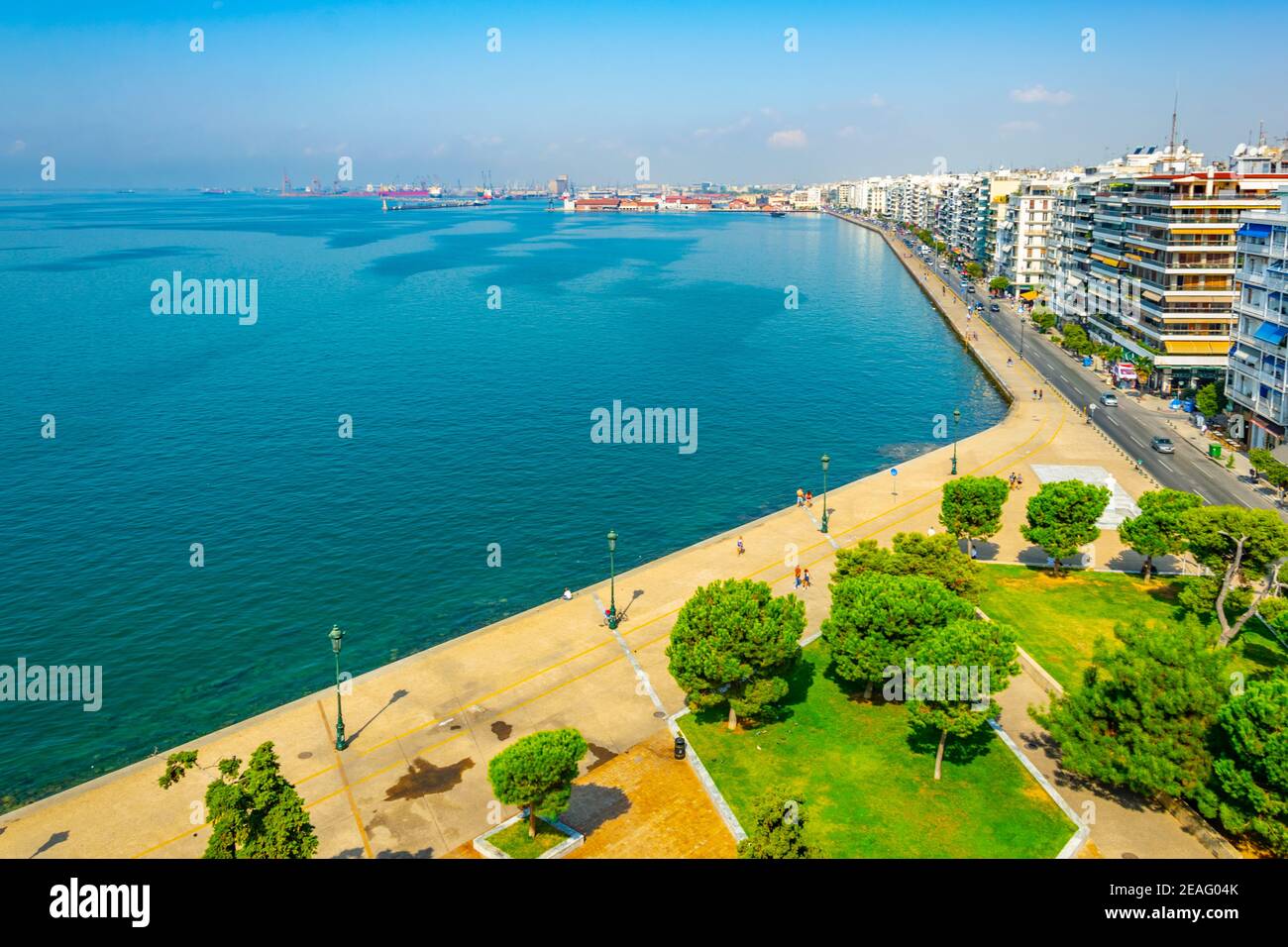 Aerial view of seaside promenade in Thessaloniki from the white tower ...