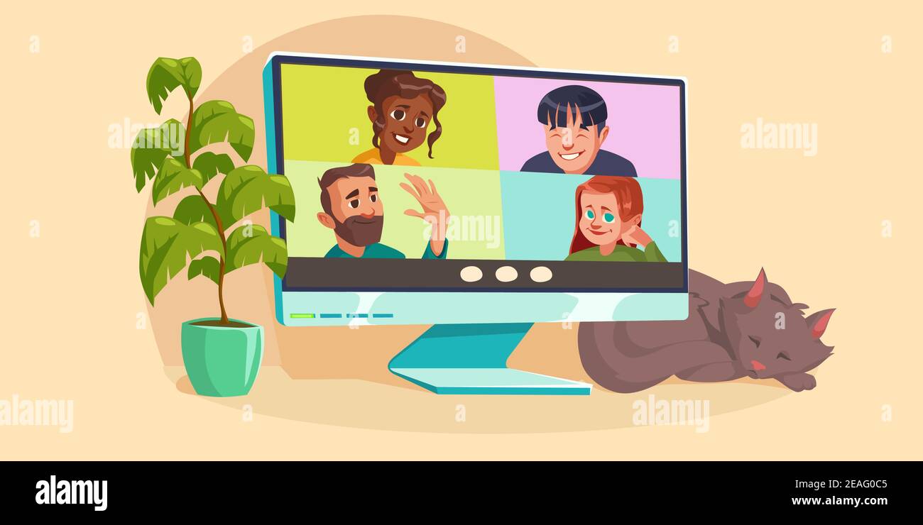 Virtual online video conference on computer desktop with people group ...