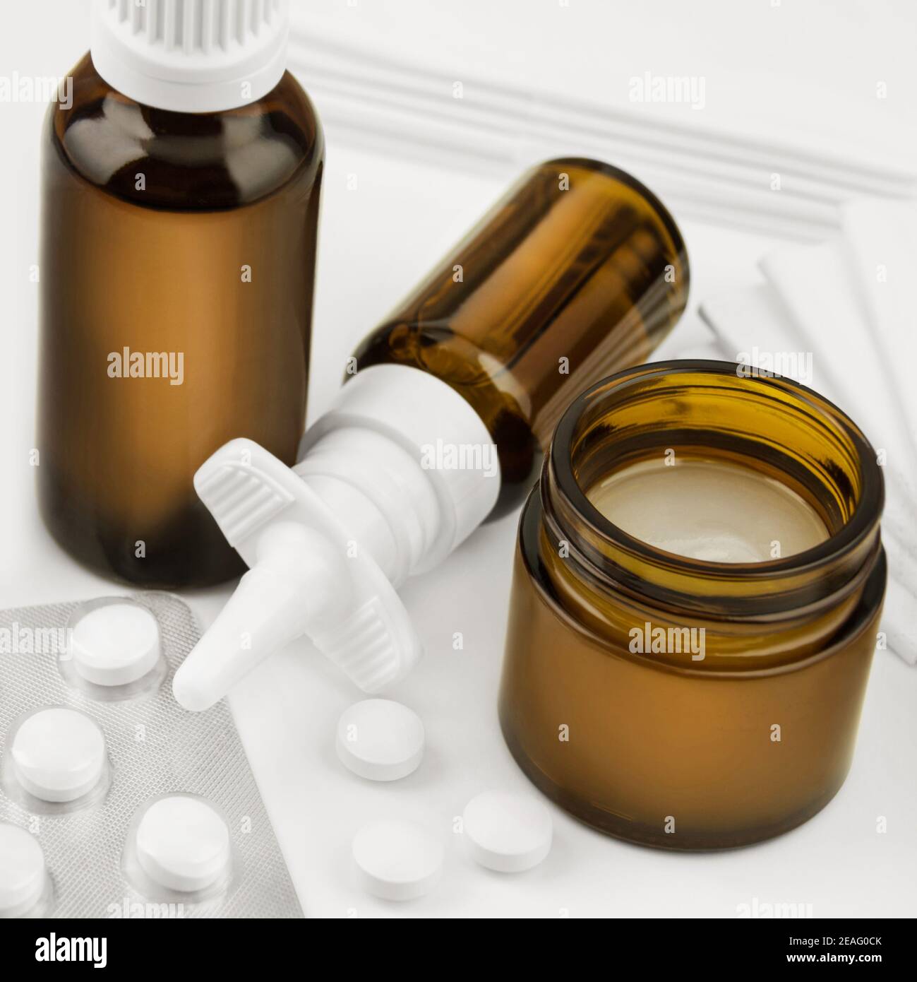 Cold medications with balm and mineral tablets Stock Photo - Alamy