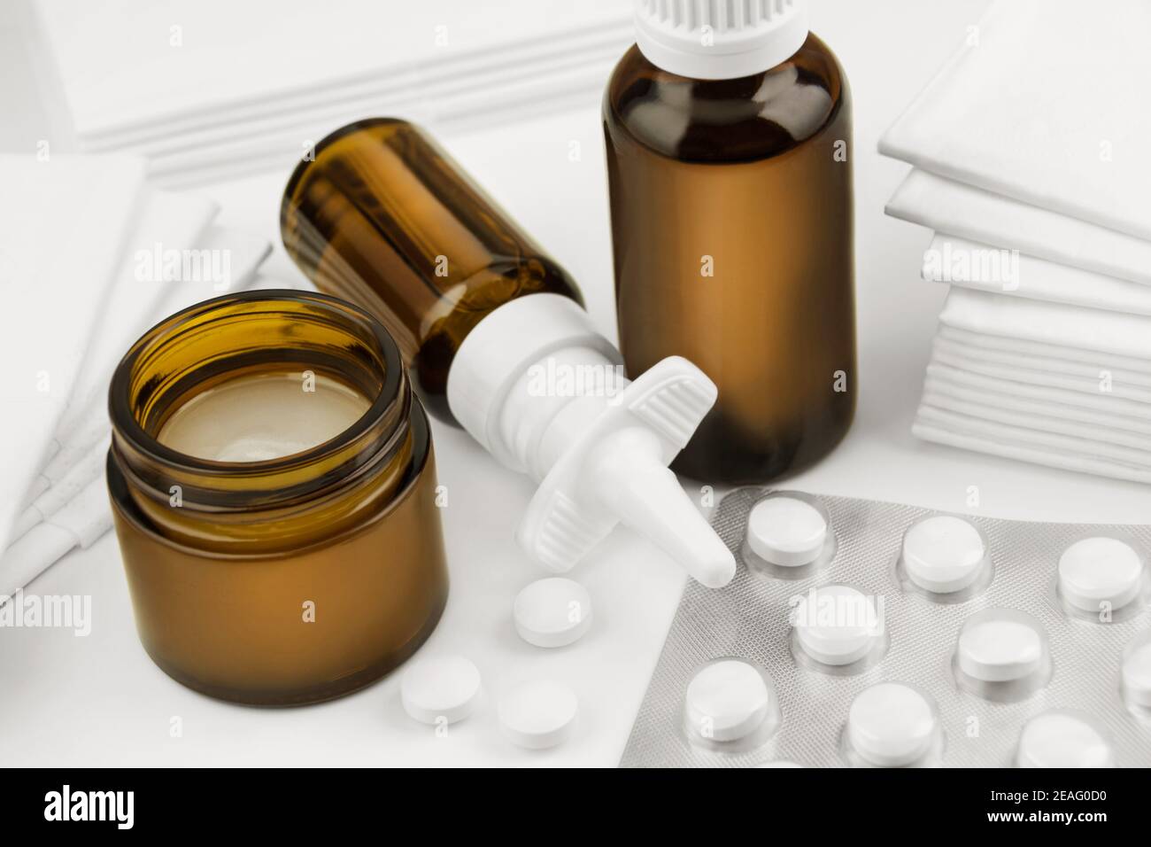 Cold medications with balm and mineral tablets Stock Photo - Alamy