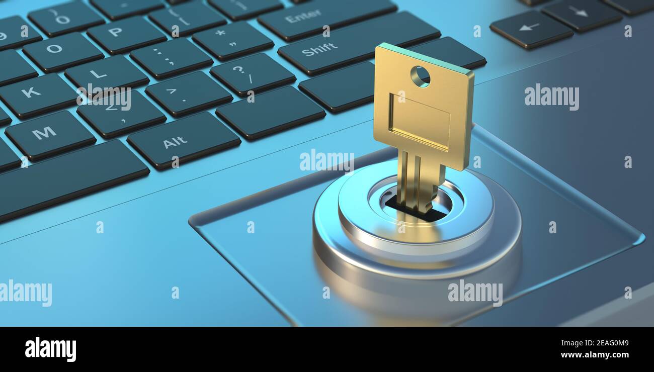 Cyber security. Key and a padlock on a computer laptop keyboard ...