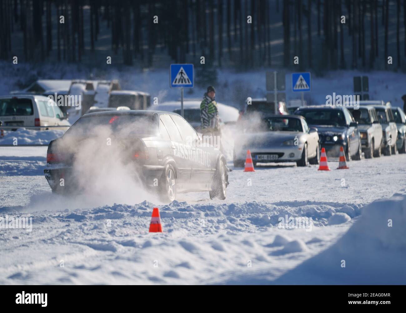 extreme driving, the car is moving rapidly over the smooth snow and ...