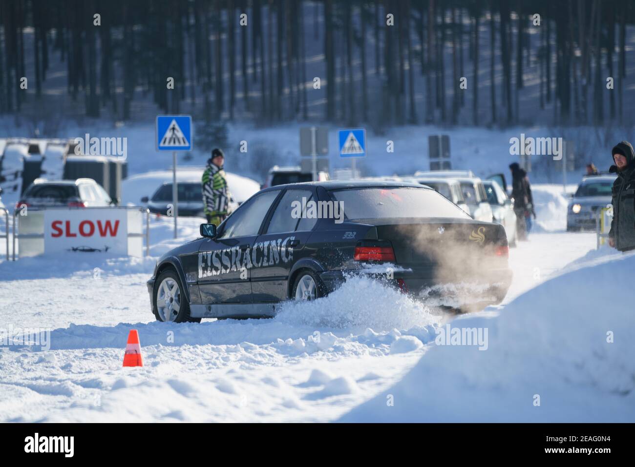 extreme driving, the car is moving rapidly over the smooth snow and ...