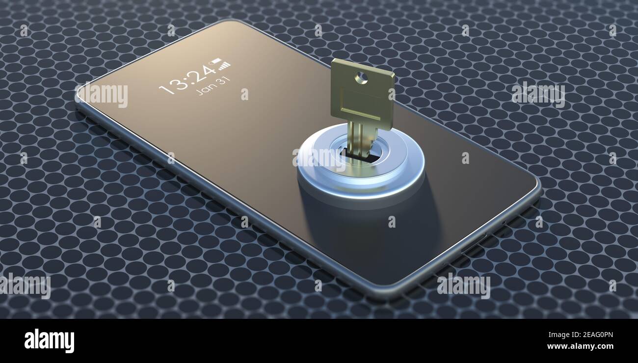 Cyber security. Key and a padlock on a mobile phone, dark keyboard ...