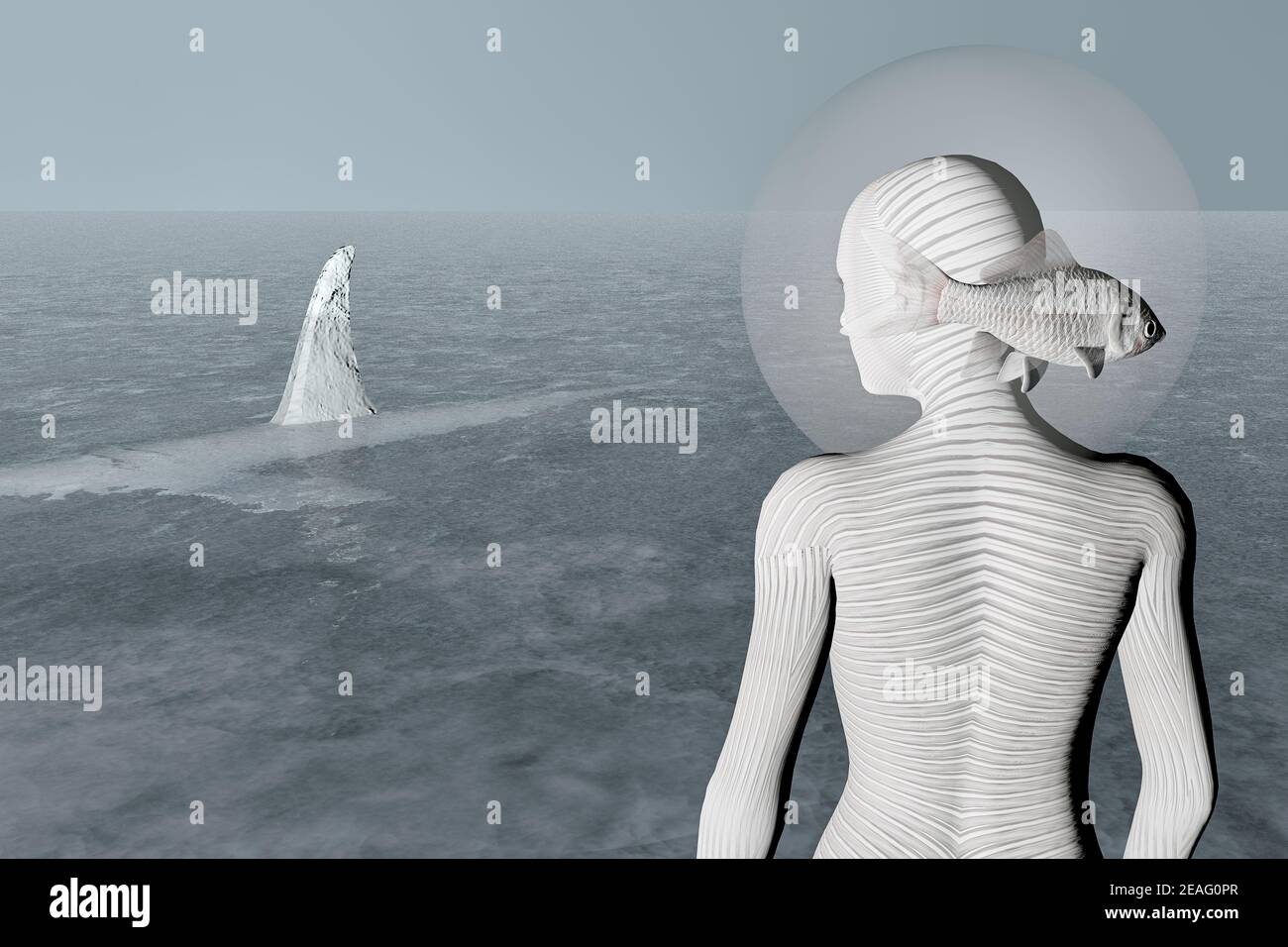 Human figure with fish in a bulb around her head near the sea with a ...