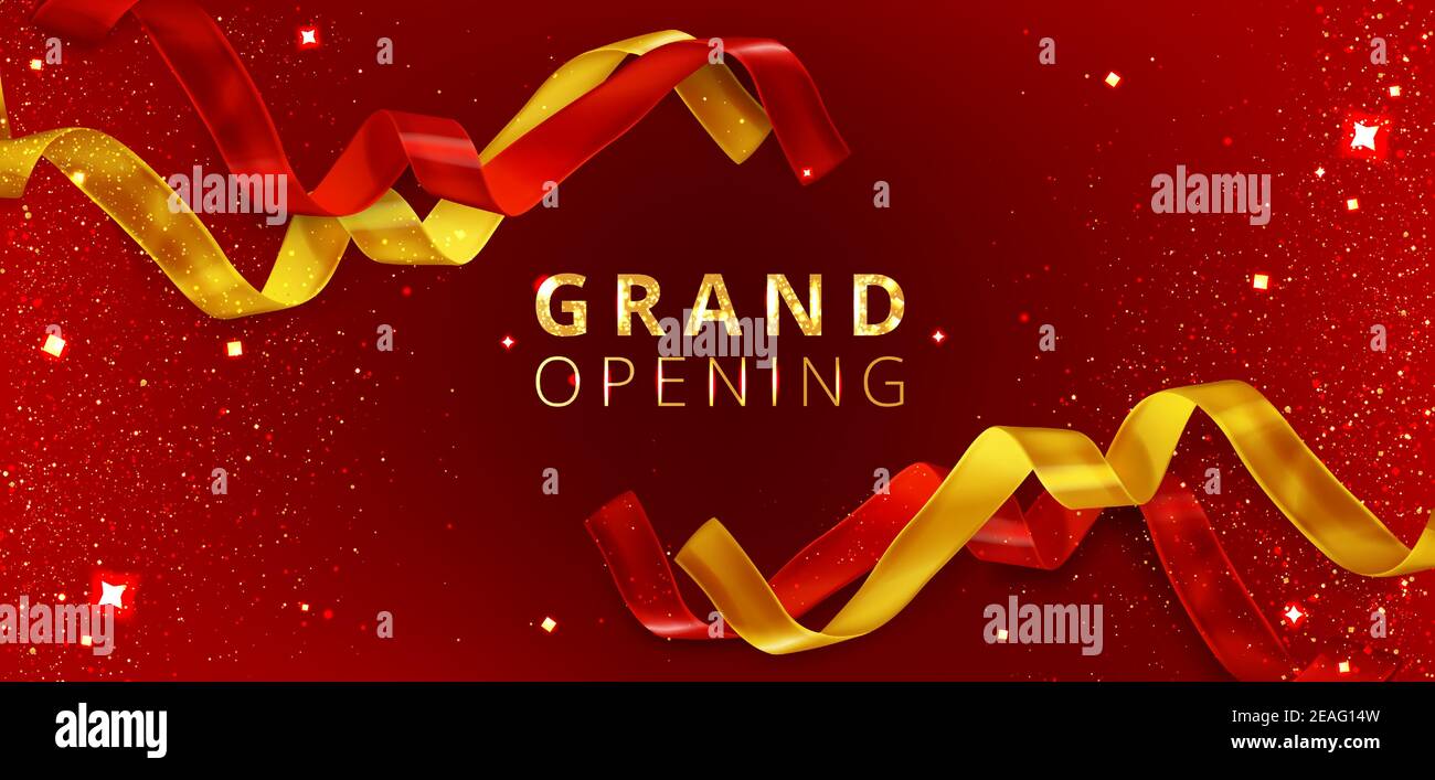 Grand opening event poster with cut red and golden ribbons. Vector ...