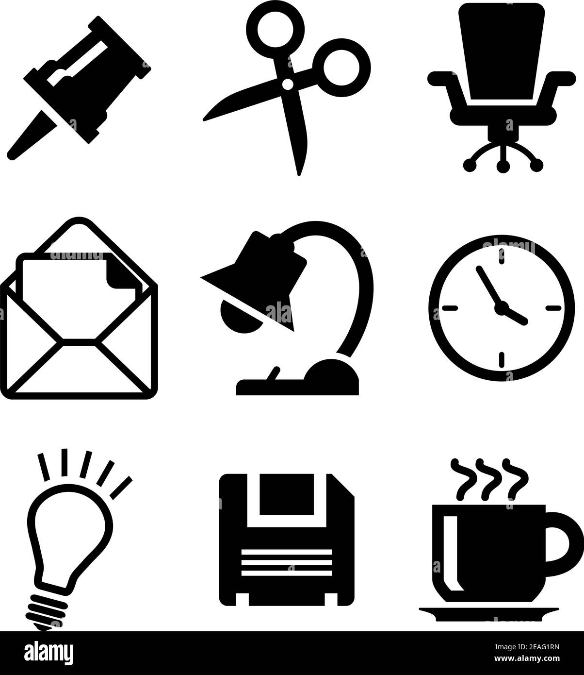 Set of office icons in a black and white vector including a thumb tack ...