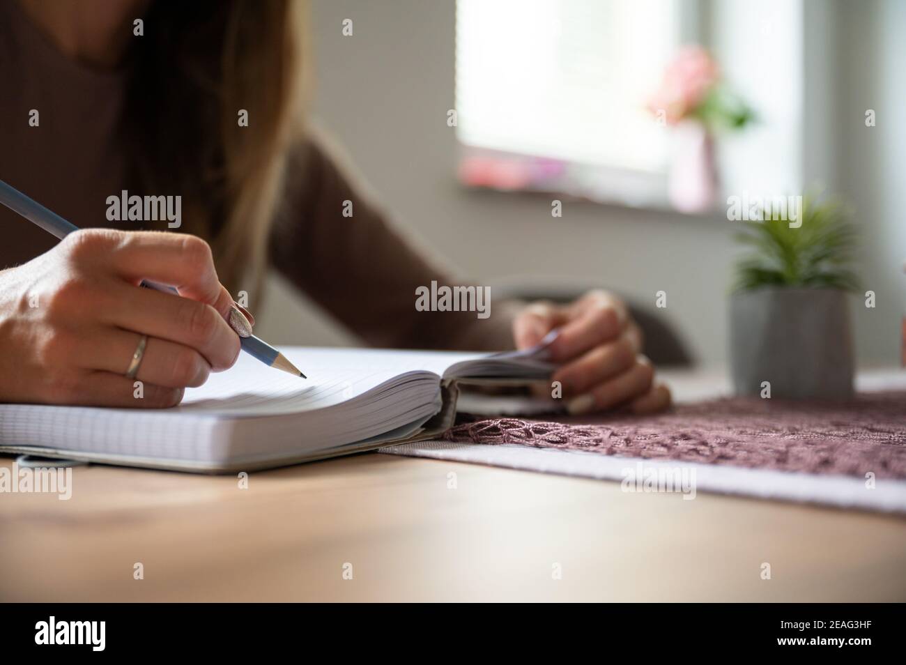 Low angle view of a woman writing in notepad at home on dining table ...