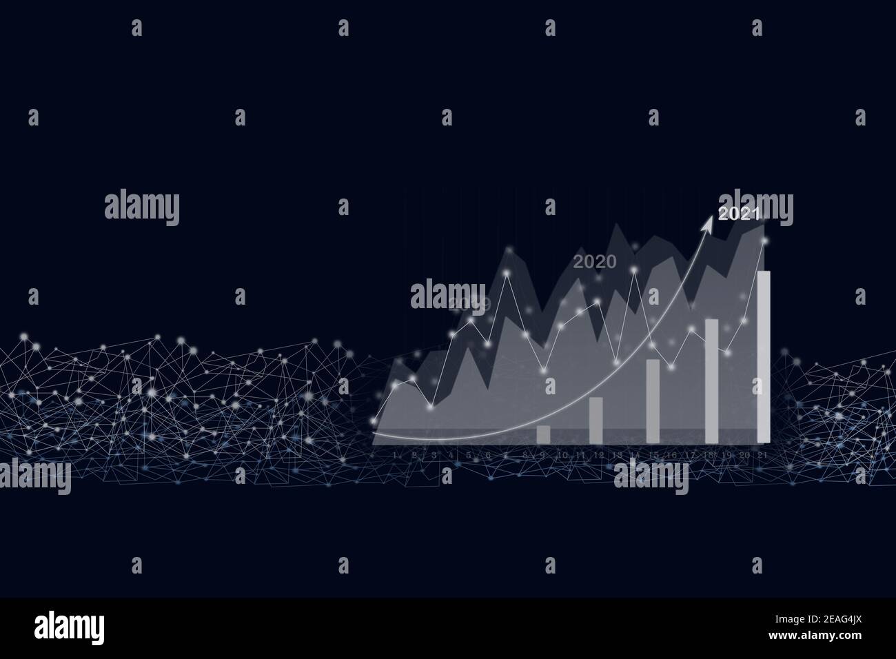 Virtual hologram of statistics, graph and chart with arrow up on dark ...