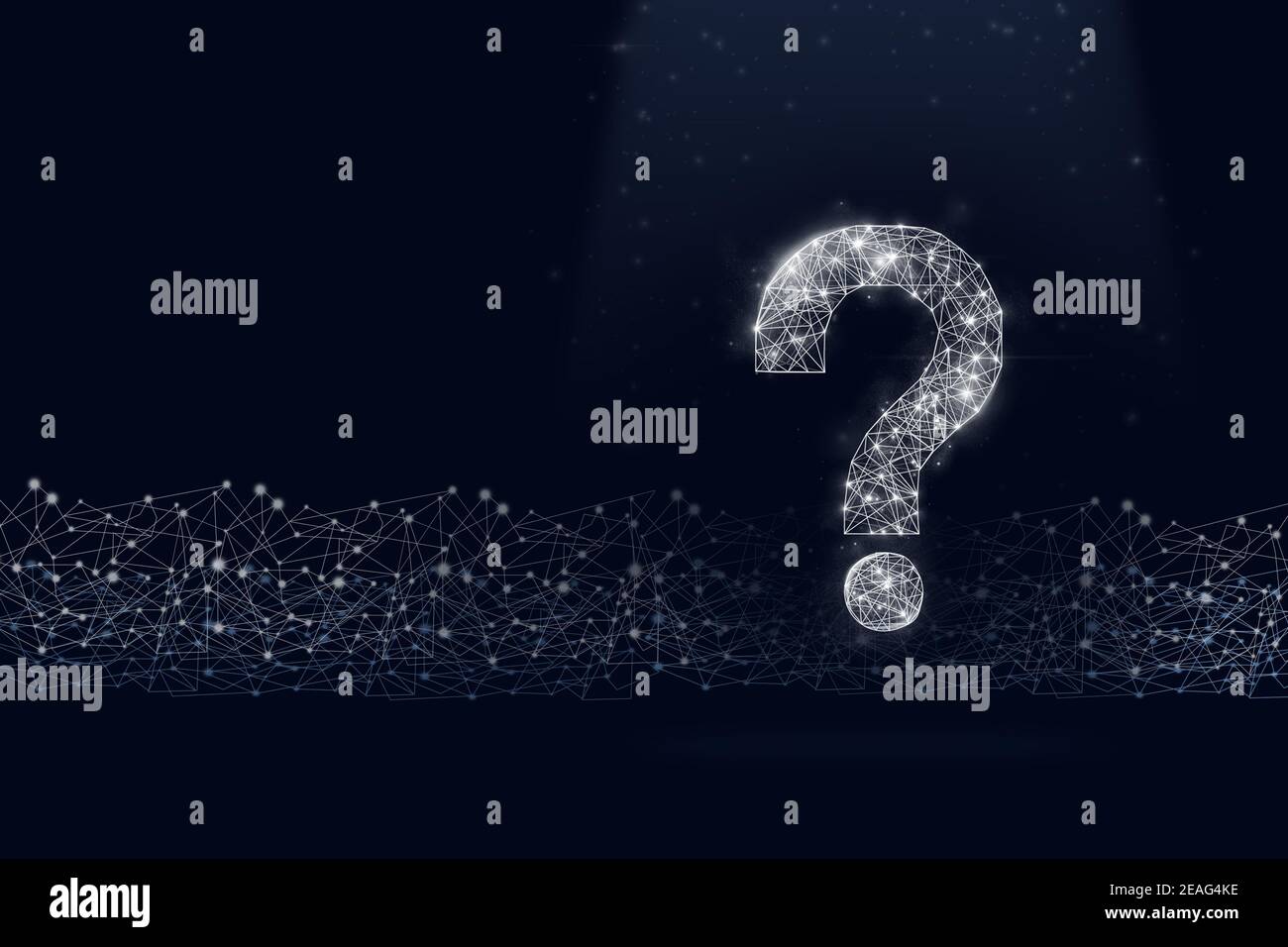 Virtual low poly hologram question mark with shine on digital dark blue ...