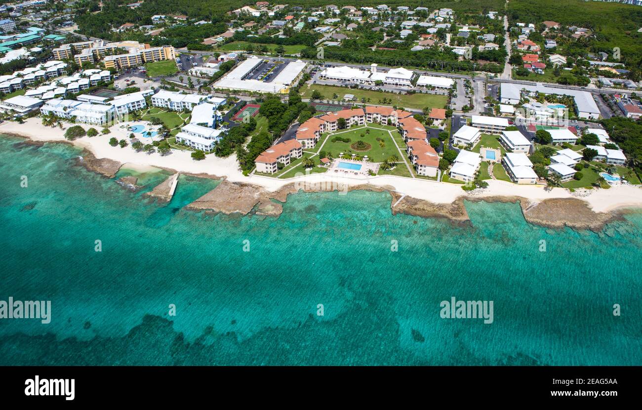 Stunning Aerial view of coastline of Seven Mile Beach Grand Cayman ...