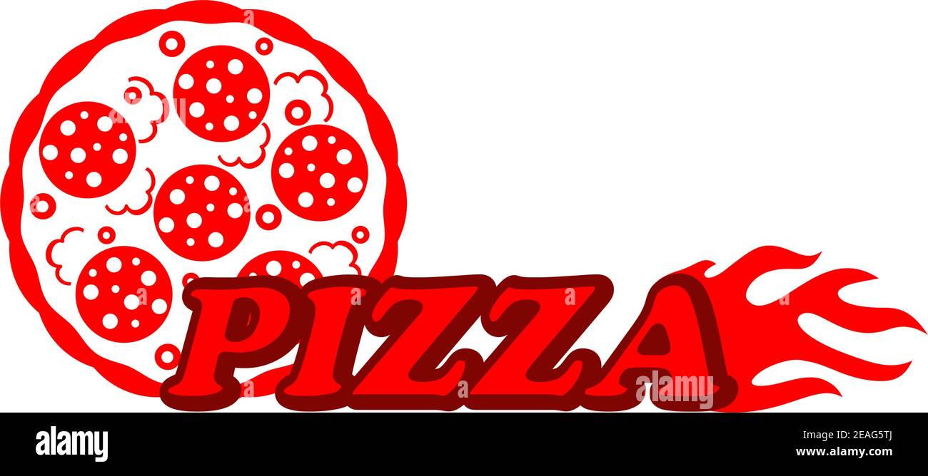 Pizzeria icon depicting a red hot salami or pepperoni pizza with fiery ...