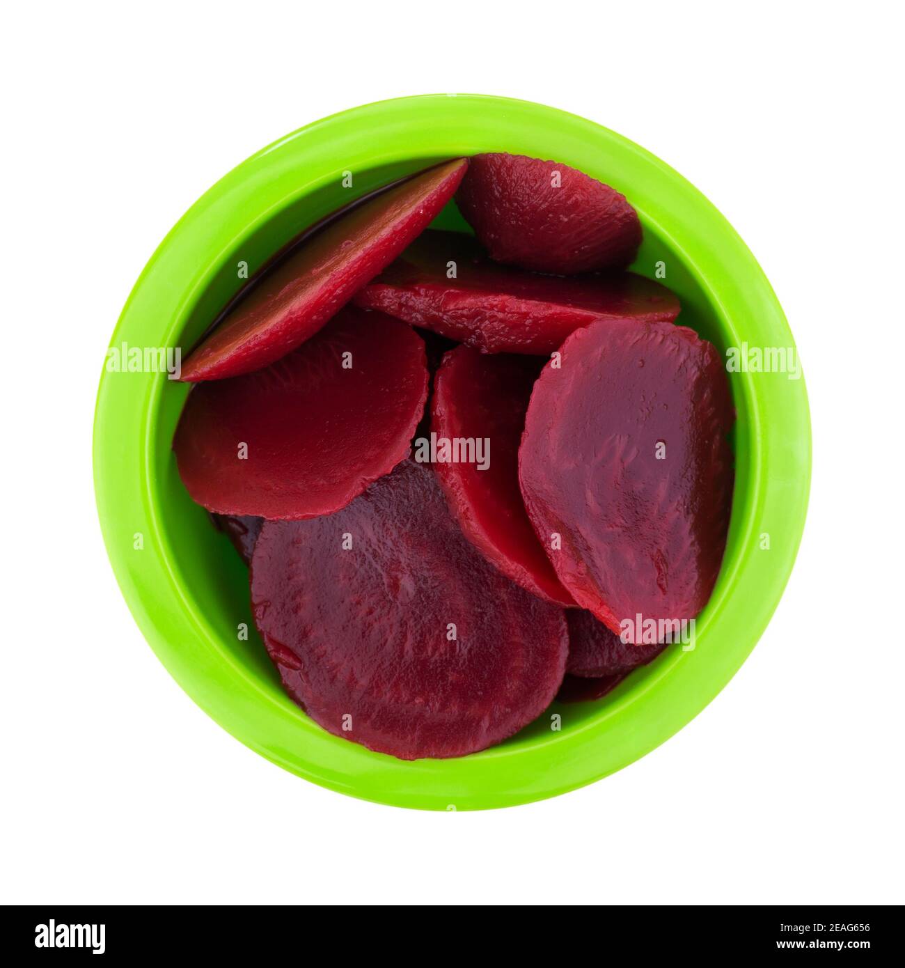 Top view of canned sliced beets in a small green bowl isolated on a ...