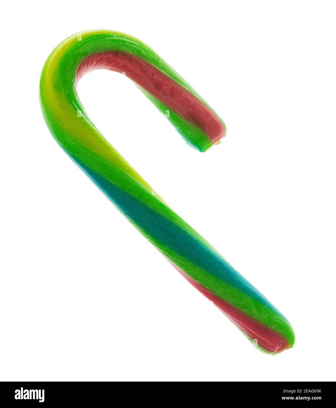 Candy cane with green blue yellow and red stripes isolated on a white ...