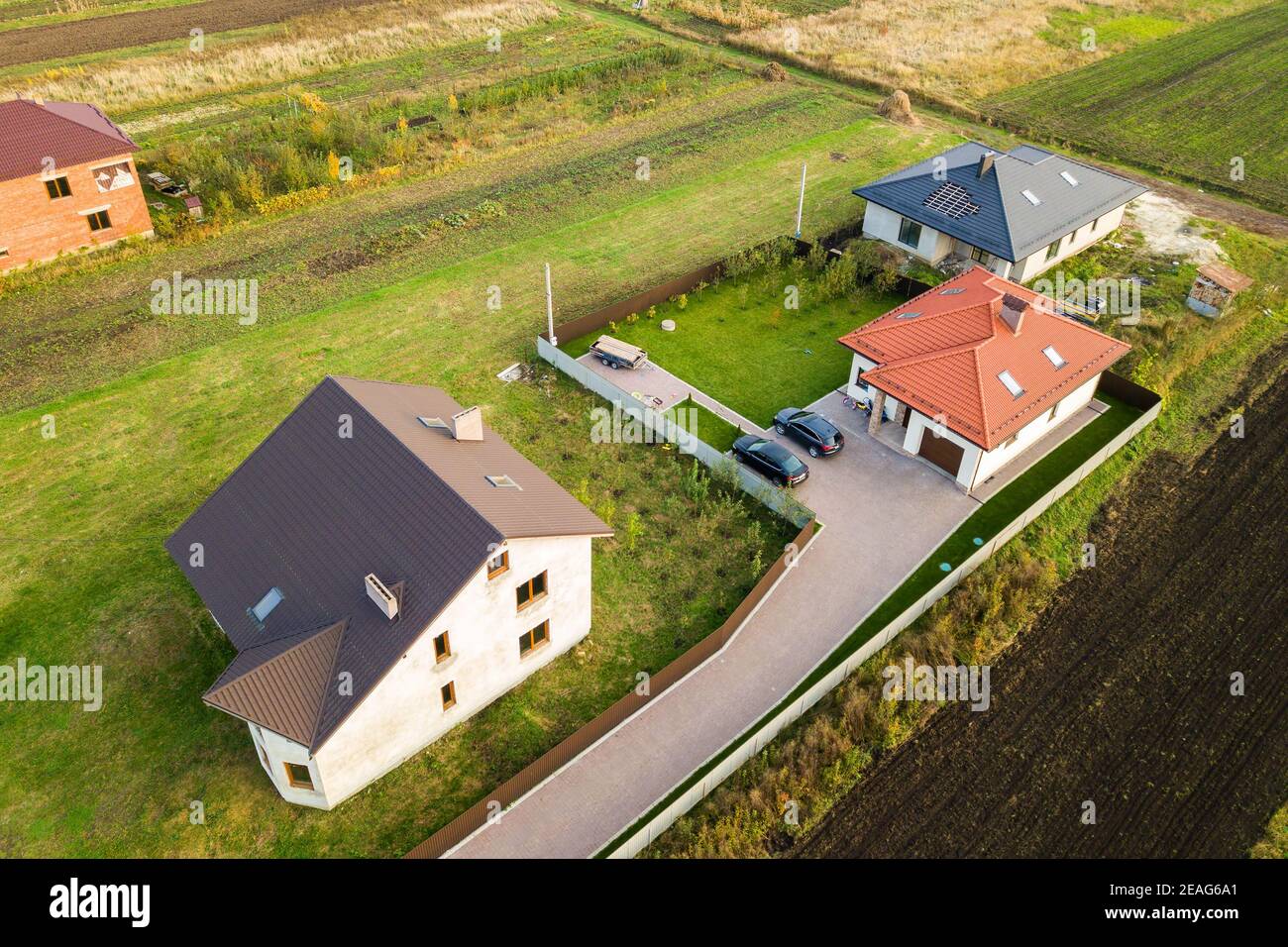 Aerial view of home roofs in residential rural neighborhood area Stock ...