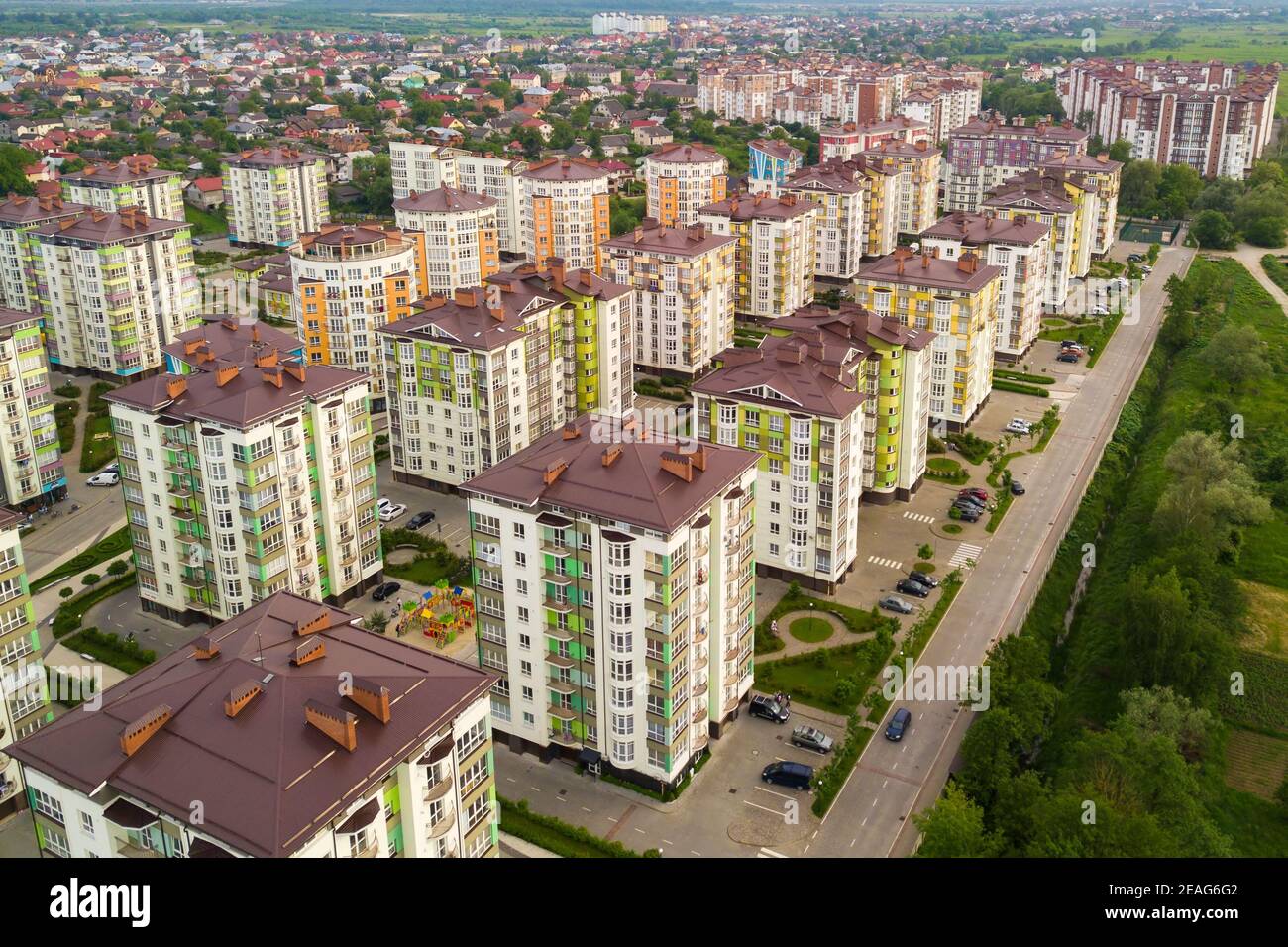 Aerial view of city residential area with high apartment buildings ...