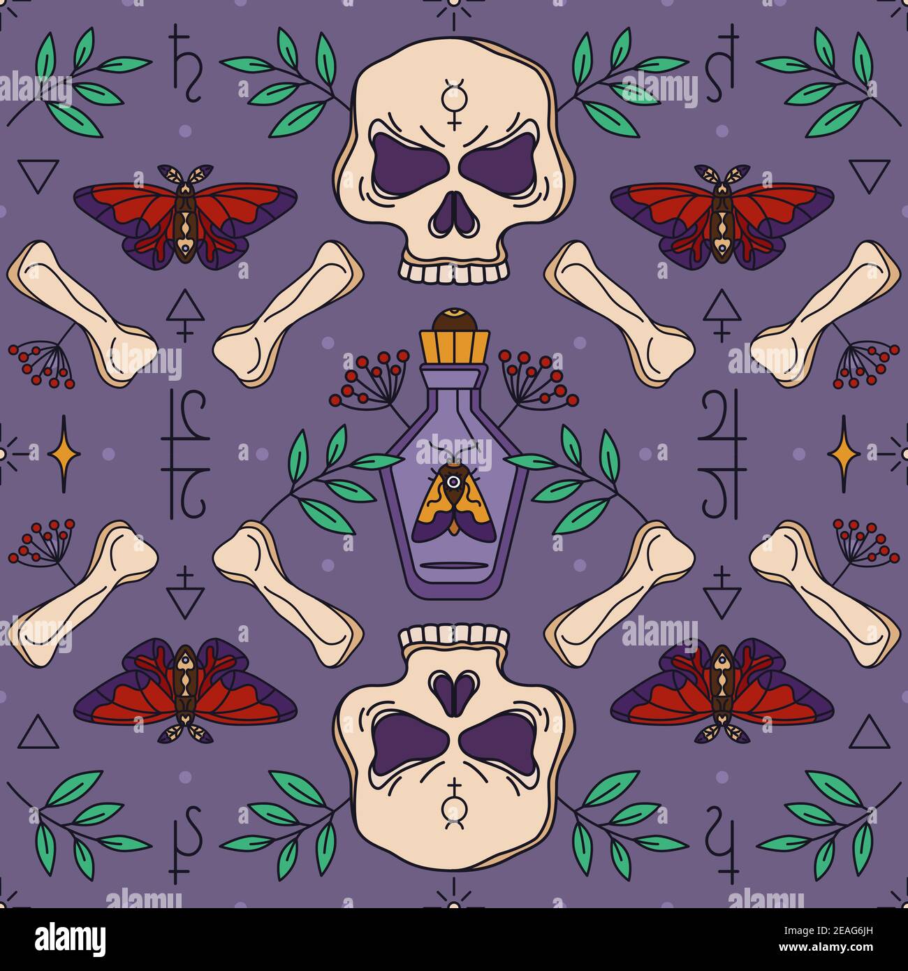 Seamless wicca pattern with skull, bones and potion bottle. Herbal ...
