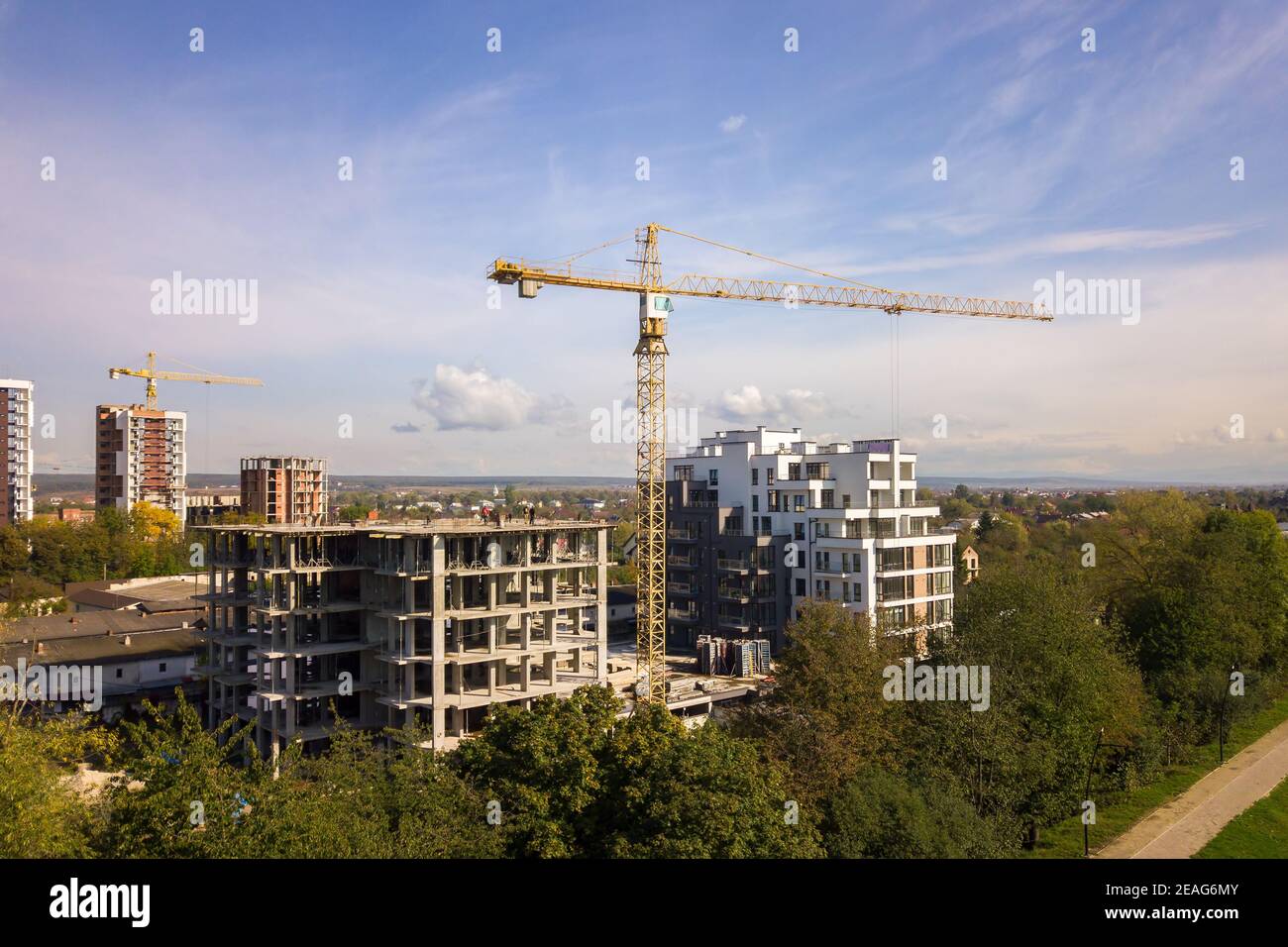 Aerial view of high residential apartment buildings under construction ...
