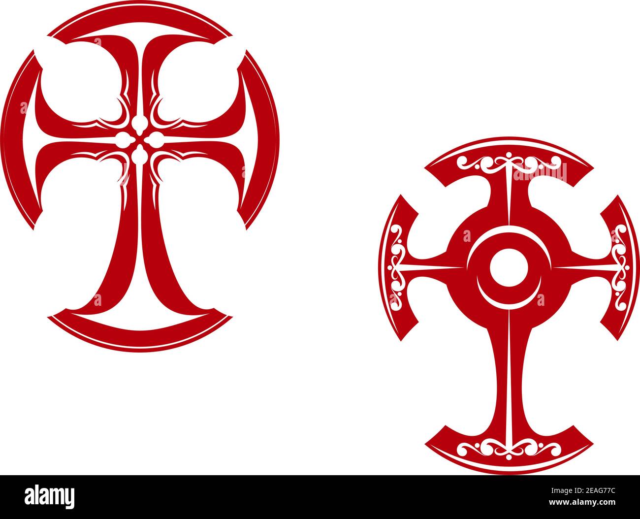 Two stylized crosses with curved ends, one in a Celtic style with ...