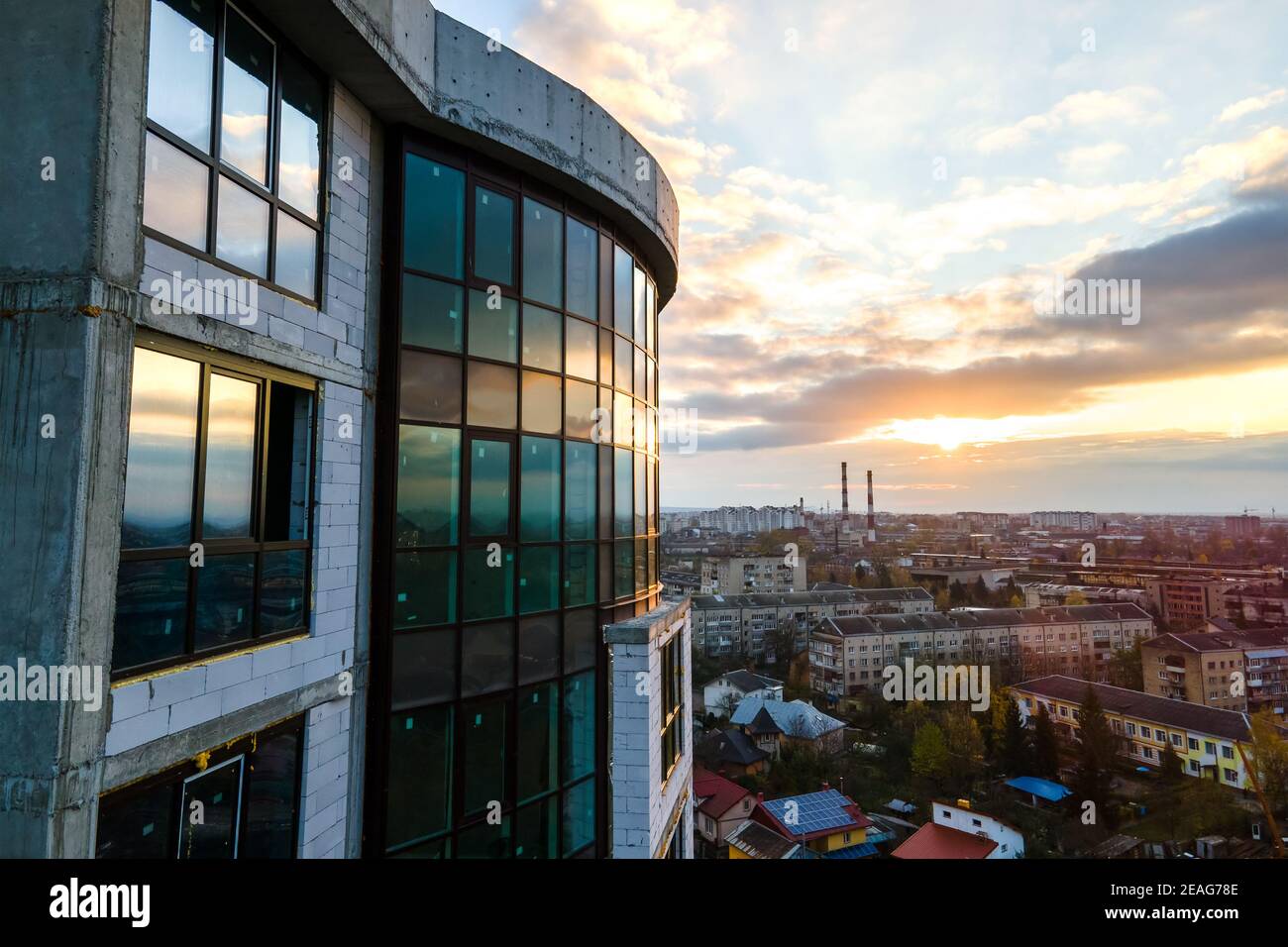 Aerial view of high residential apartment building under construction ...