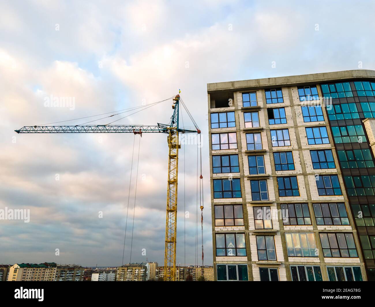 Aerial view of high residential apartment building under construction ...