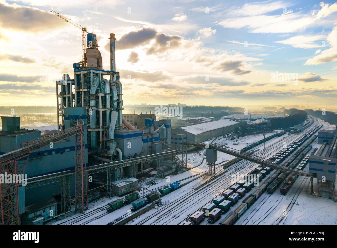 Aerial view of cement plant with high factory structure at industrial ...